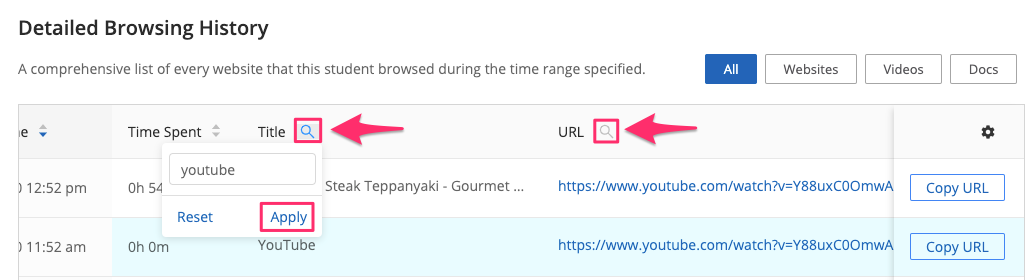 Reviewing a student's web history