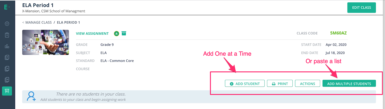 Quick Start Create a Class and Add Students