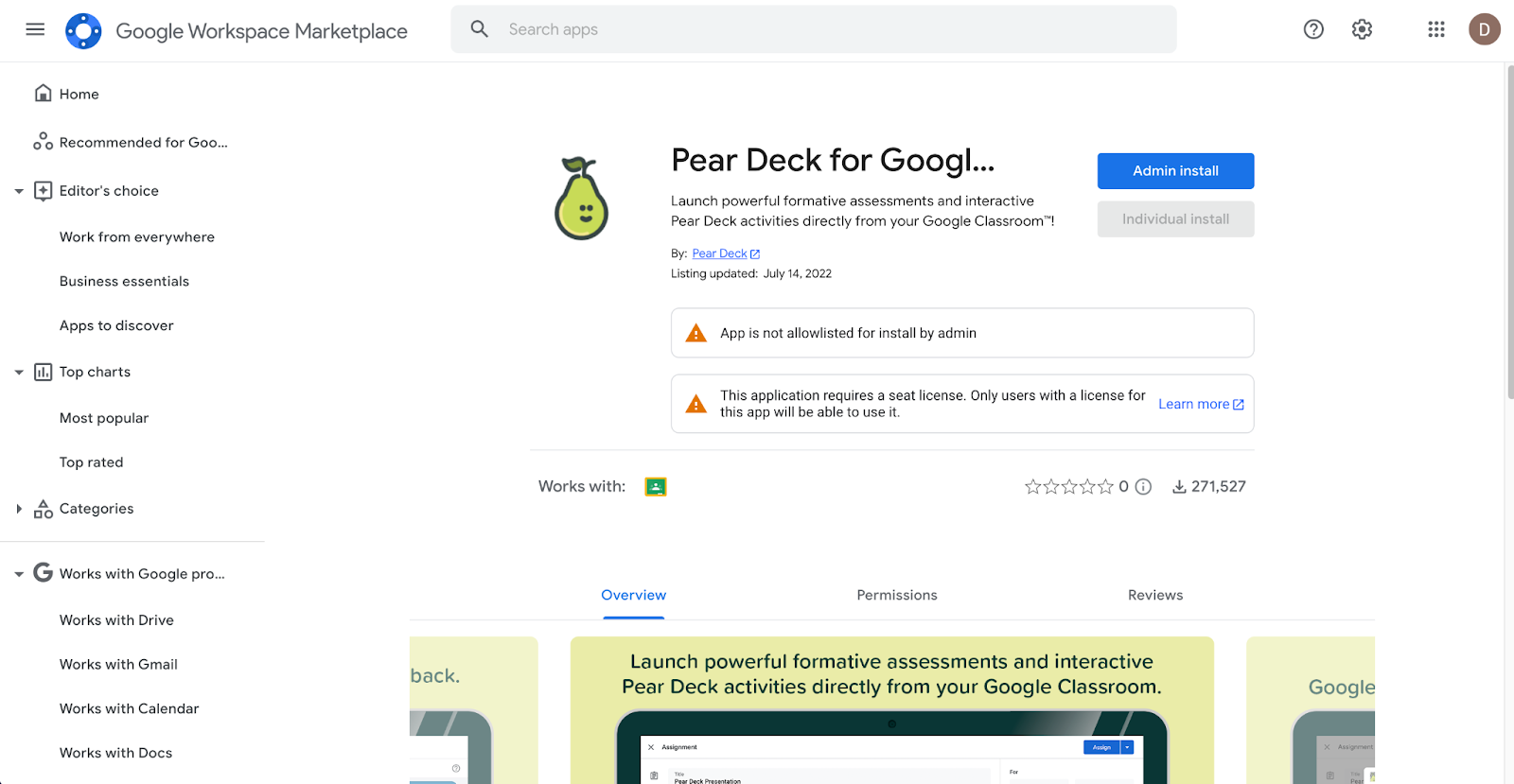 Admin Install of the Pear Deck for Google Classroom Add On